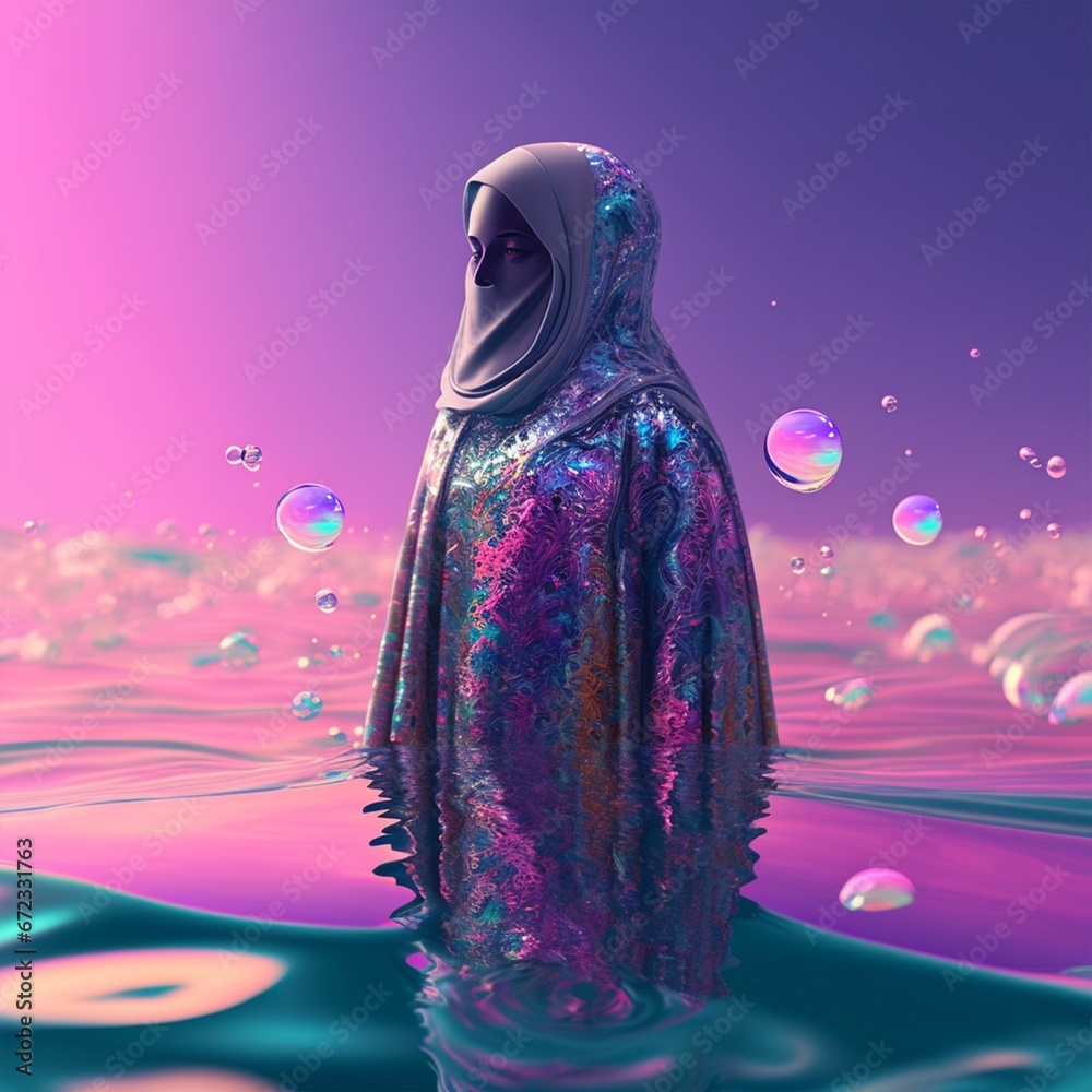 AI generated illustration of a female figure standing in shallow water ...