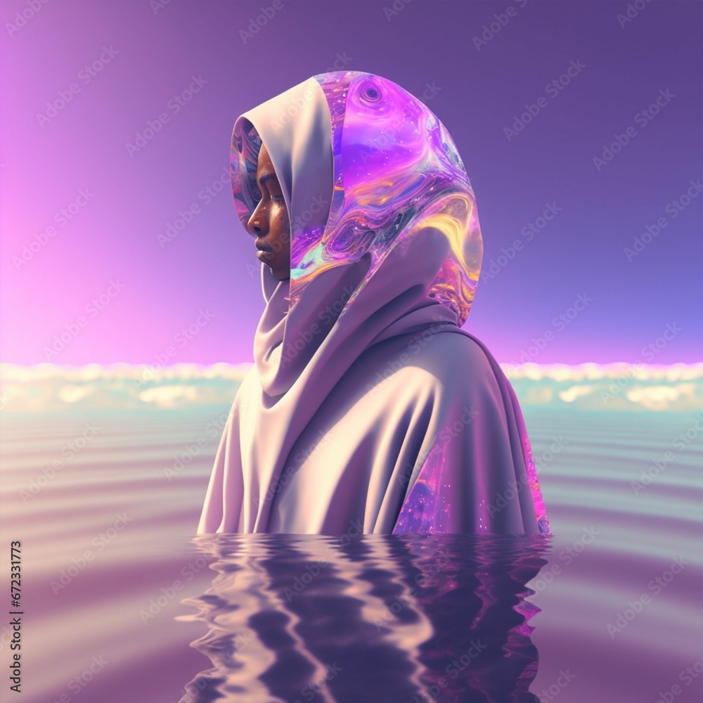 AI generated illustration of a female figure standing in shallow water ...