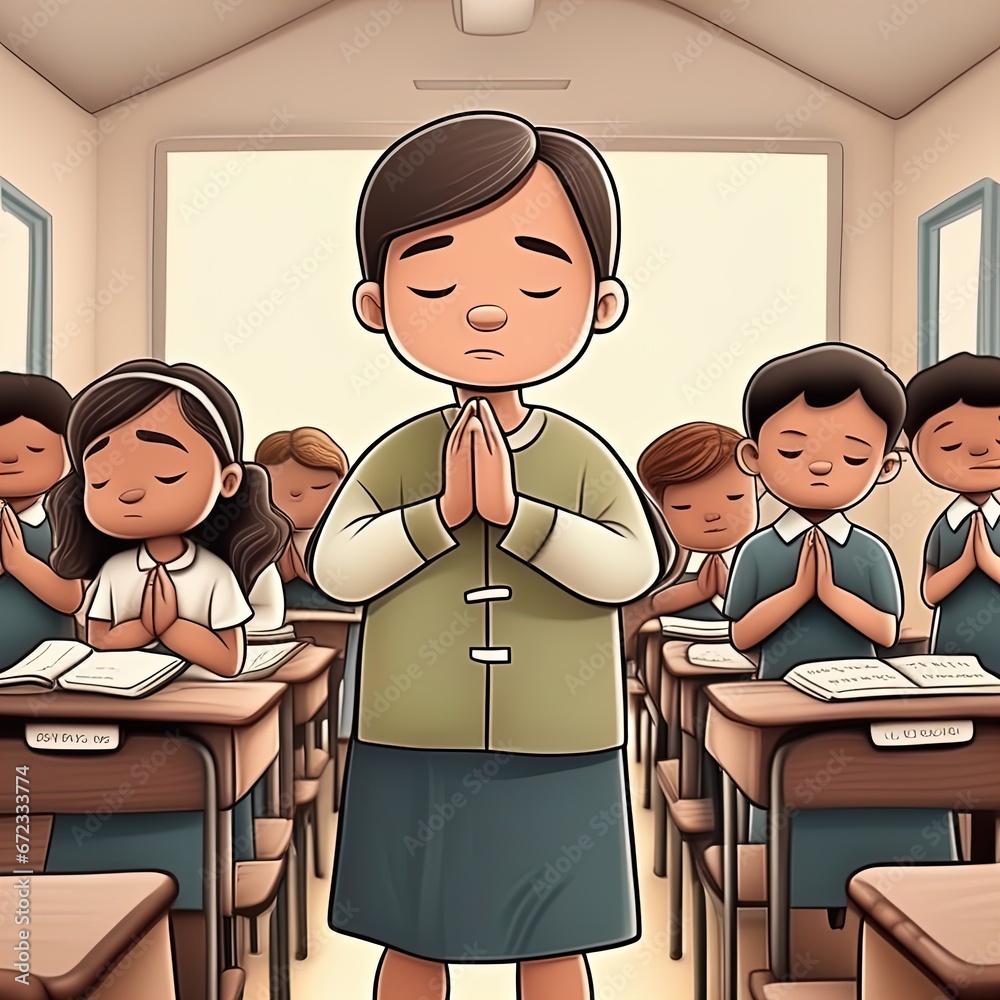 cartoon character of asian woman praying in classroomillustration with ...