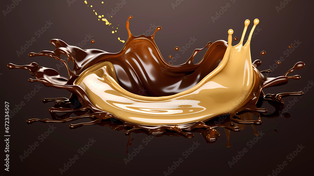 a liquid pouring into a puddle of chocolate on a brown background with ...