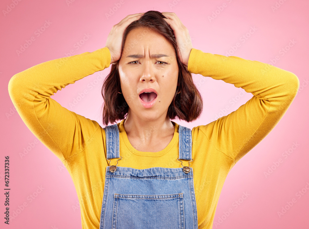 Wow, surprised and portrait of woman in studio, confused face with ...