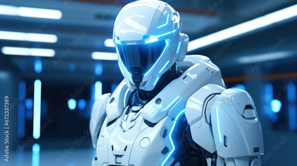 Combat robot in military metal armor. Futuristic cyborg security guard ...