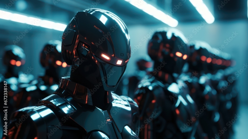 Combat robot in military metal armor. Futuristic cyborg security guard ...