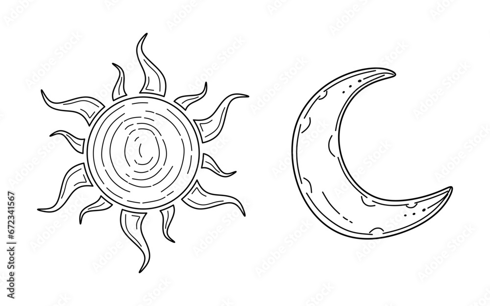 Hand drawn sun and moon, doodle style. Sketch of sun and moon isolated on white background ...