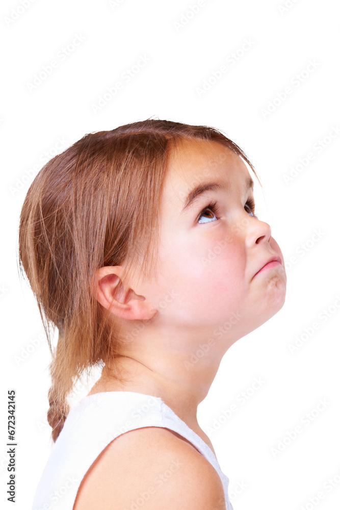 Child, up and sad thinking with planning, doubt and confused profile ...