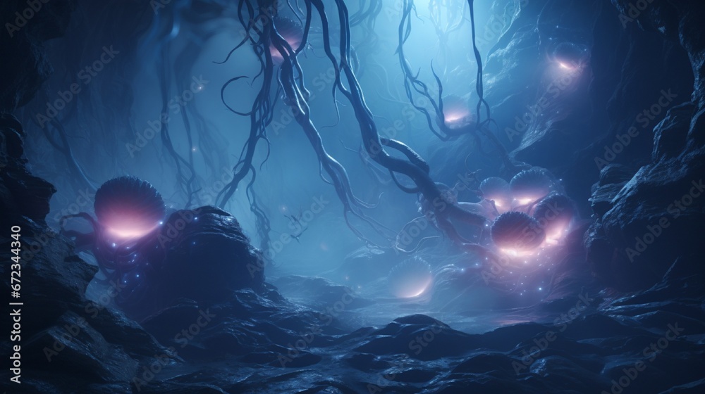 A sprawling matrix of bioluminescent tendrils emerging from a ...