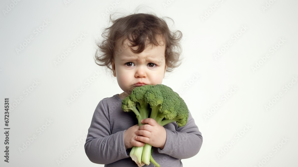 Sad kid dislike vegetables. Funny little boy doesn't want eat green ...