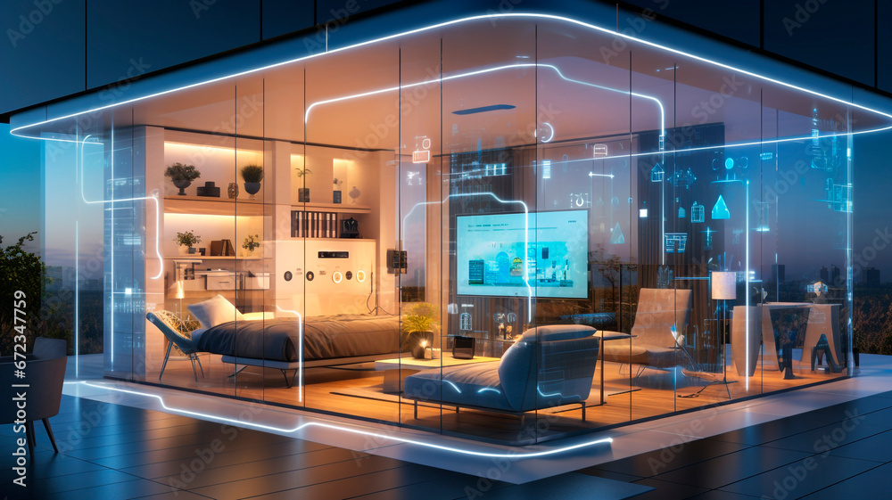 photograph showcasing a technologically advanced apartment or smart ...