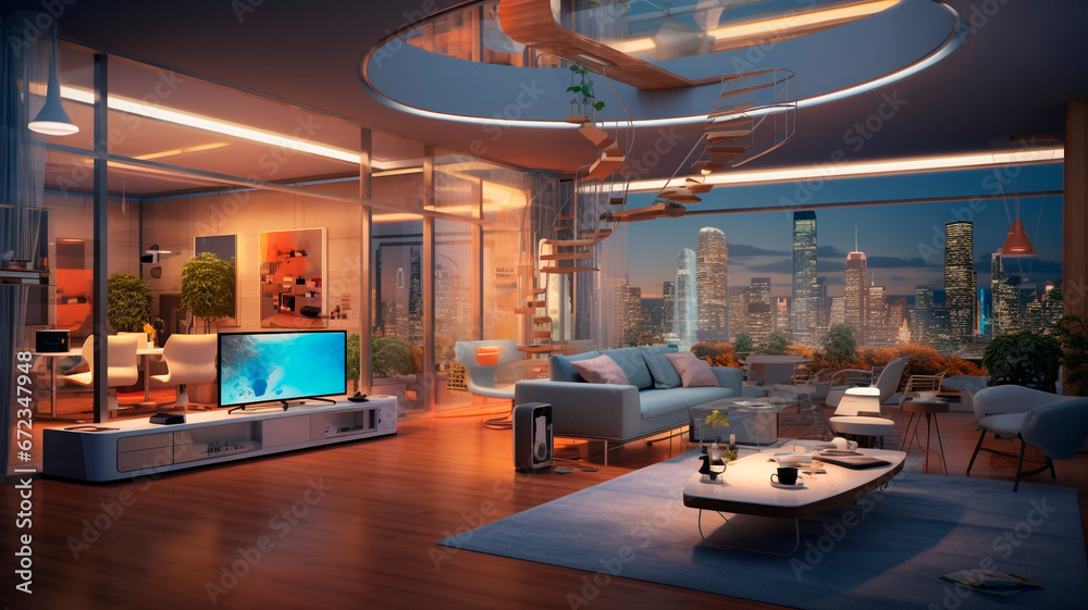 photograph showcasing a technologically advanced apartment or smart ...