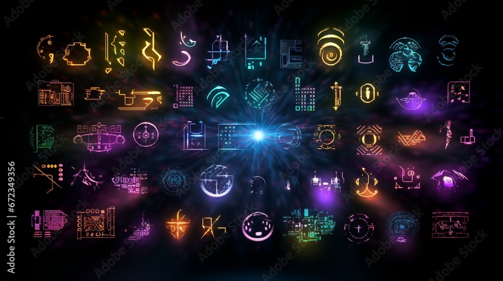 Symbols denoting various programming languages, stylized and luminous ...