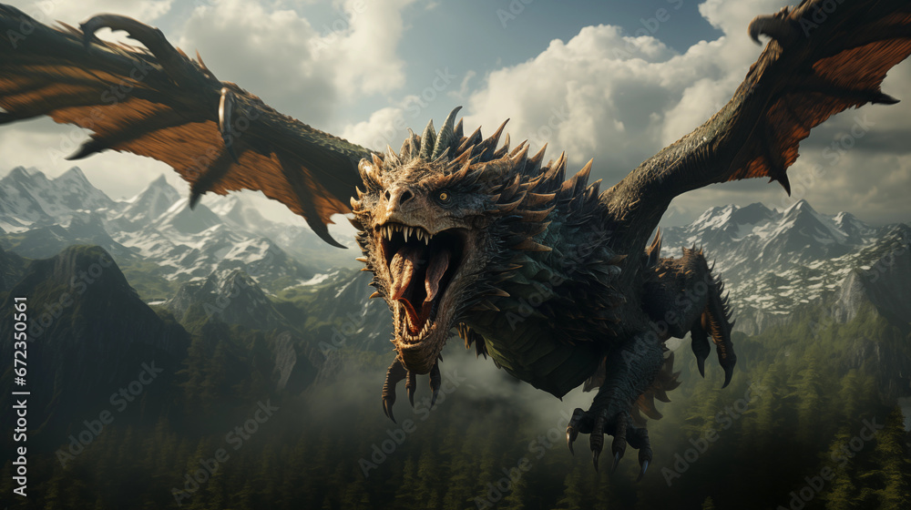 Dragon's Flight: An epic portrayal of a green dragon taking flight over ...