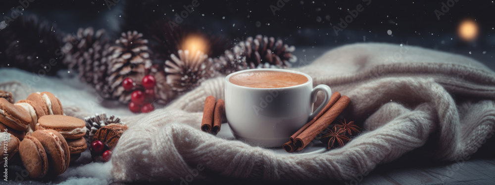 A cozy winter scene featuring a warm cup of coffee surrounded by ...