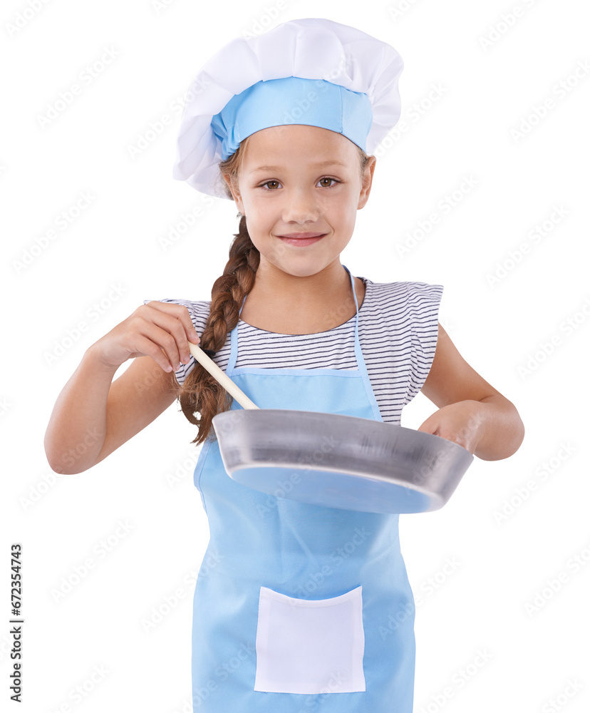 Girl, smile and pretend chef in childhood, cooking and prepare food in ...