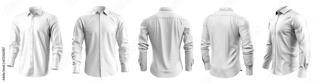 Set of white button up long sleeve collar shirt front, back and side ...