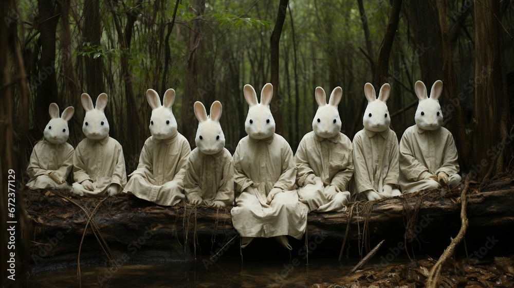 AI generated illustration of rabbits with human bodies sitting in a row ...