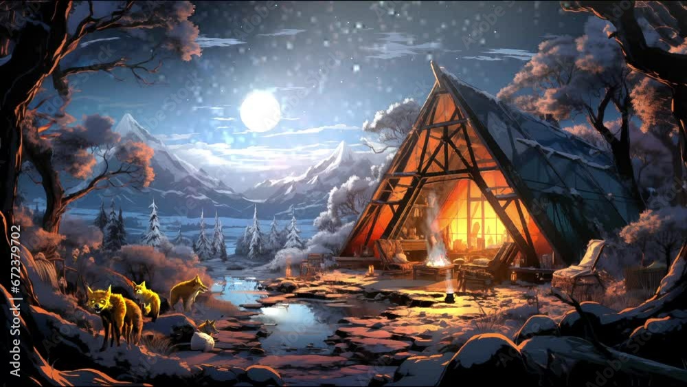 Moonlit lo-fi animation of camping scene, wolves, and firelight ...