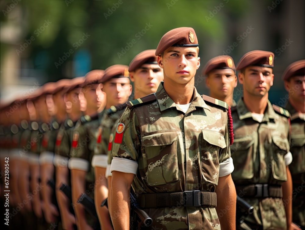 Formation of soldiers in berets in summer uniform. Armed forces ...