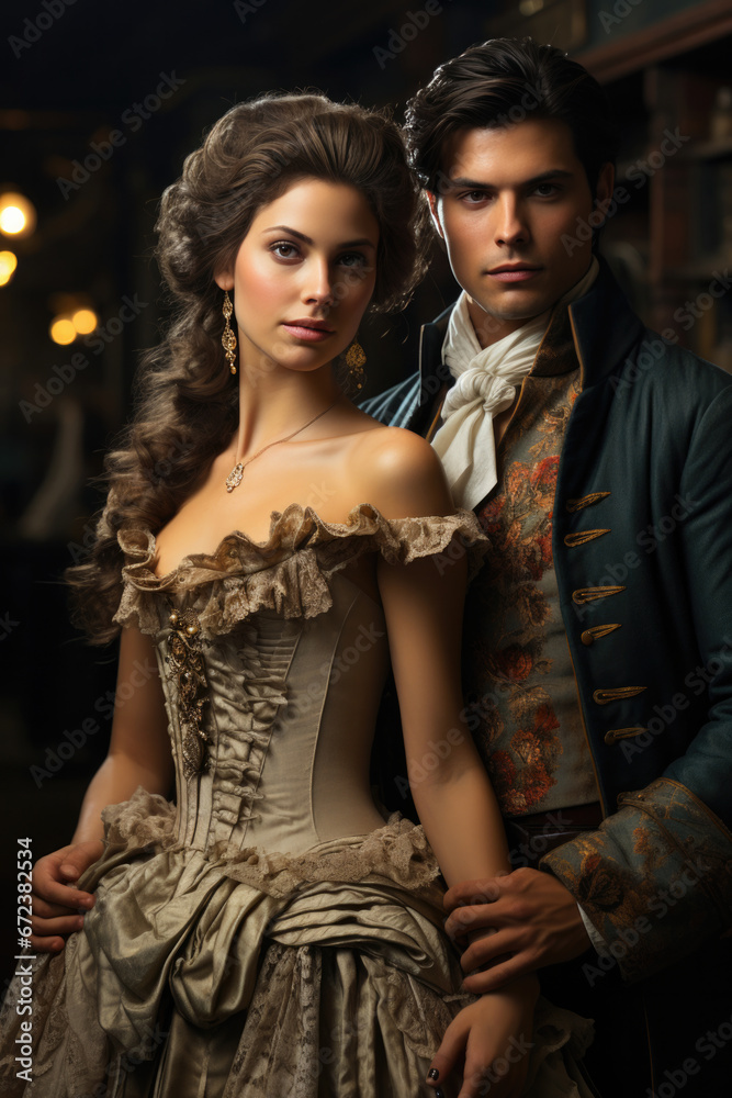 A Victorian couple stands entwined, their timeless romance captured in ...