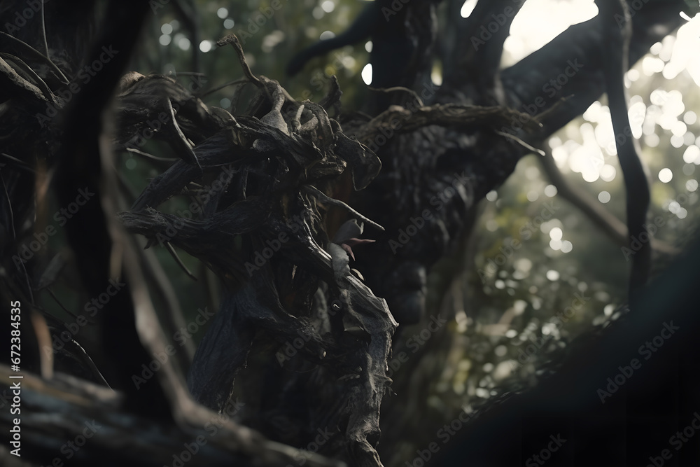 Spooky Halloween dead mysterious forest creepy trees with twisted roots ...