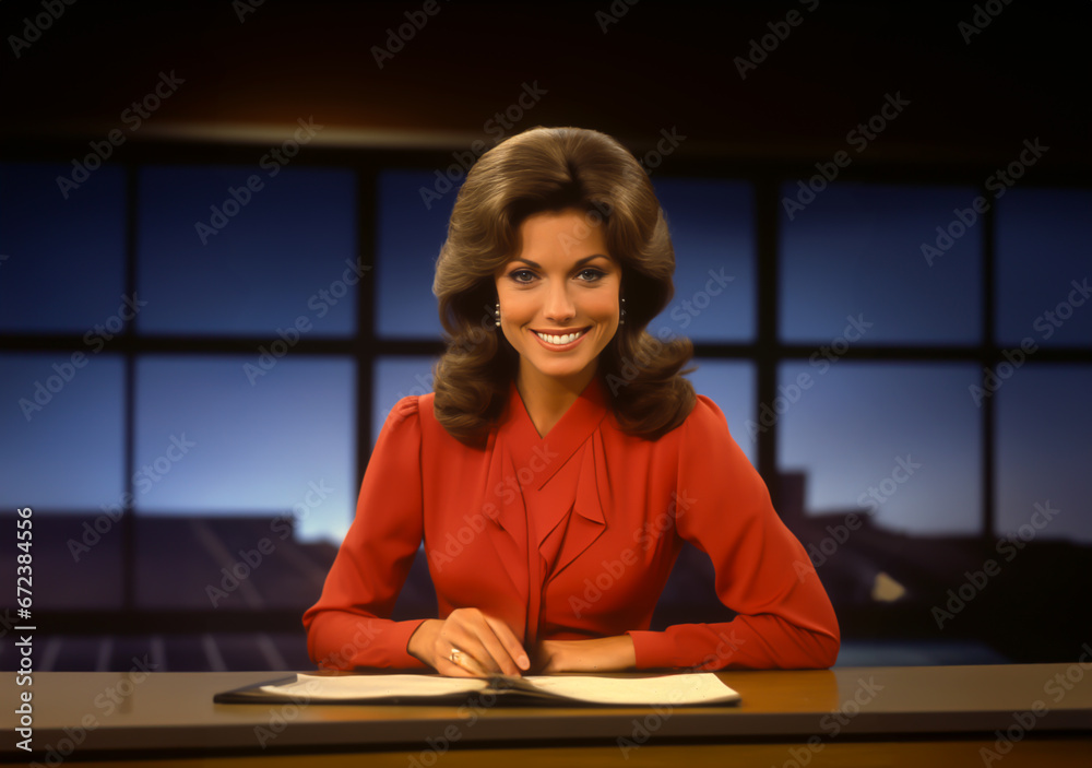 Female news anchor from the 1980ieso r late 70ies. Concept of retro ...