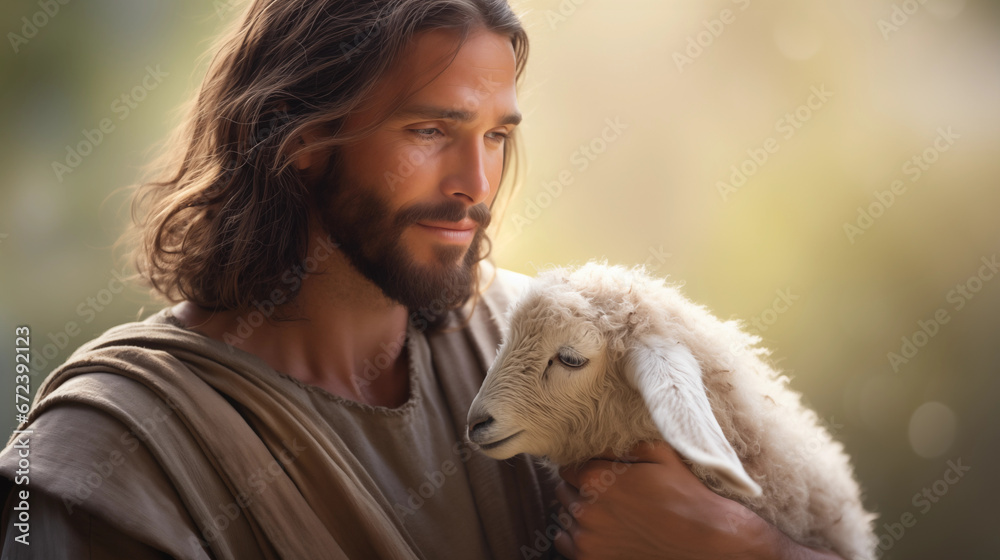 A depiction of Jesus as the Good Shepherd, with a lamb around His ...