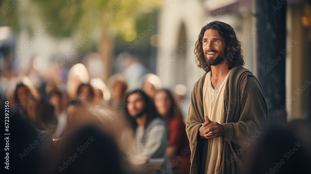Jesus telling parables to a captivated audience, Life of Jesus, blurred ...