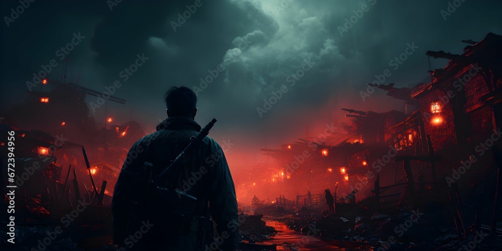 AI generated illustration of a silhouette of a man with a sword on his ...