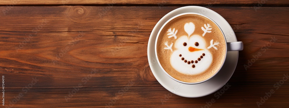Seasonal funny Snowman Latte Art Coffee on wooden background with copy ...
