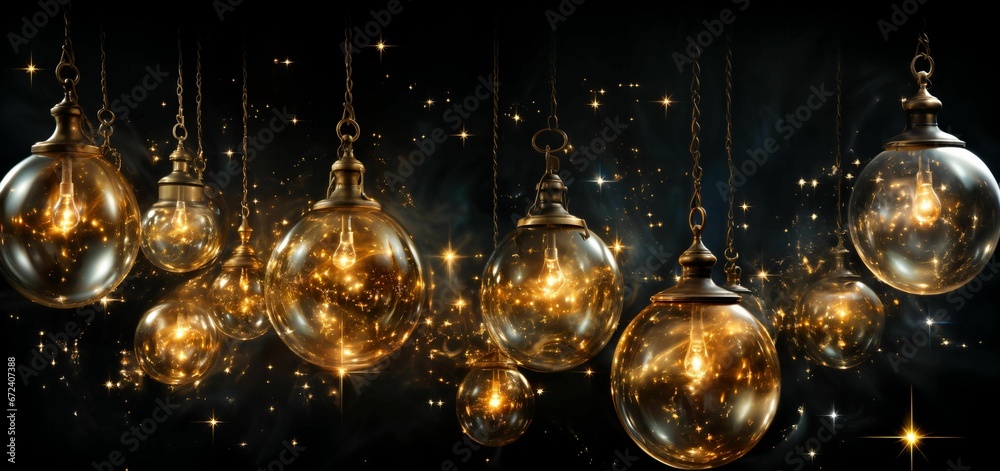 AI generated illustration of illuminated glowing glass orbs hanging ...