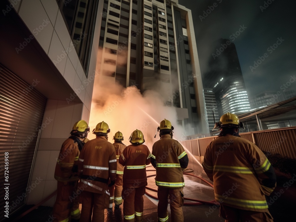 AI generated illustration of a group of firefighters fighting a raging ...