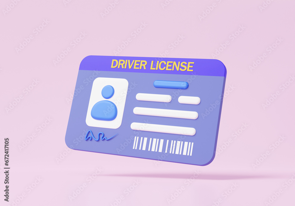 Minimal cartoon driver license Id card icon on pink background ...