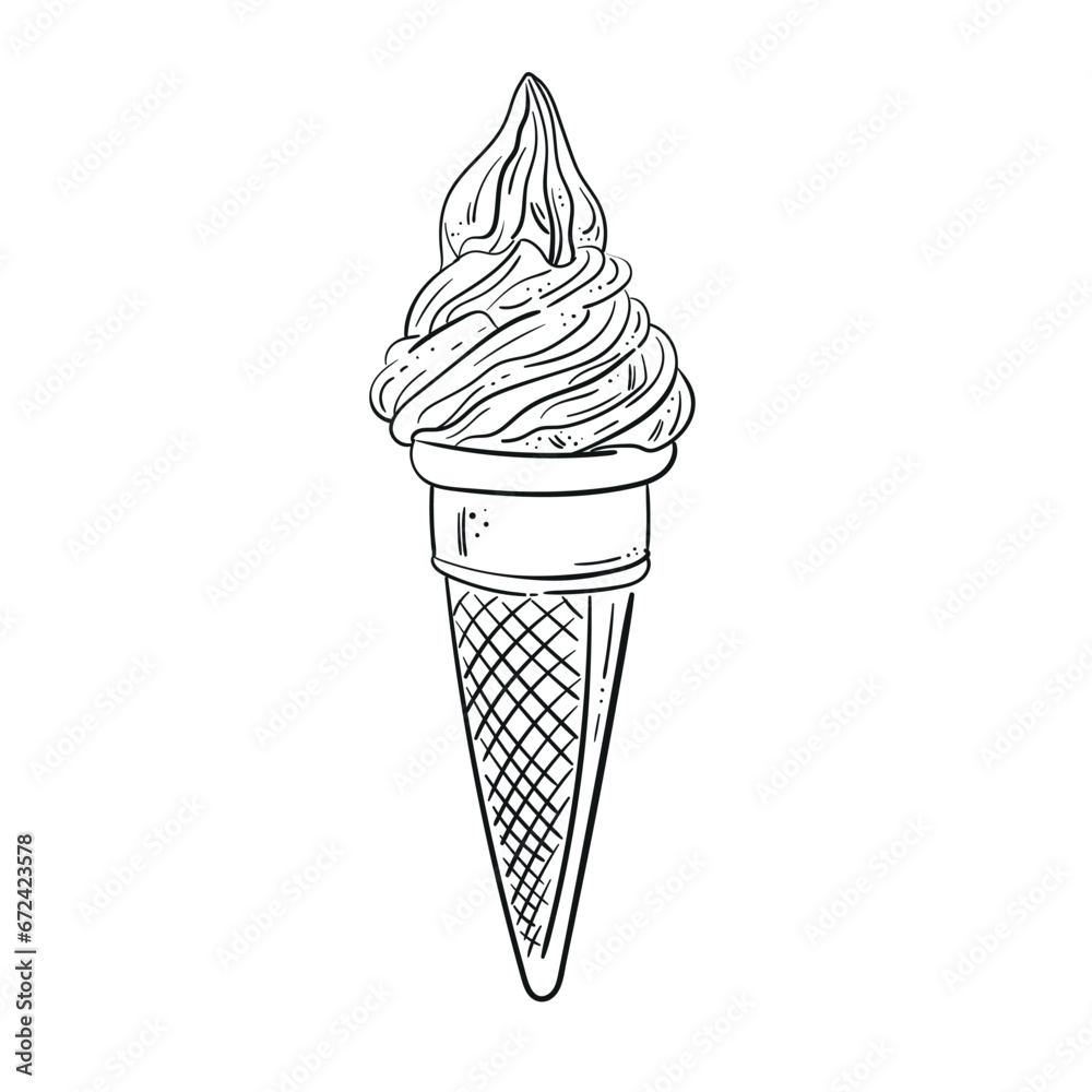 Vetor de Ice cream cone line art sketch black and white. Coloring page ...