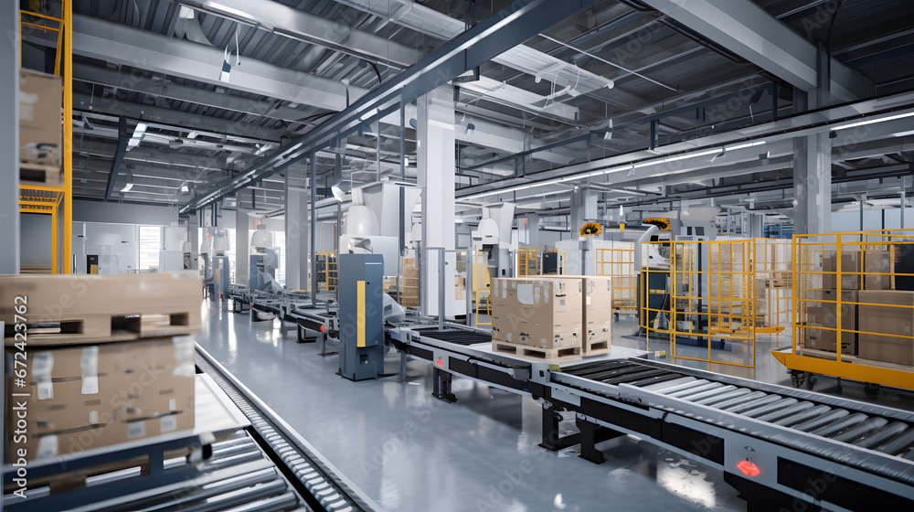 Smart logistics center with automated processes, technology background ...