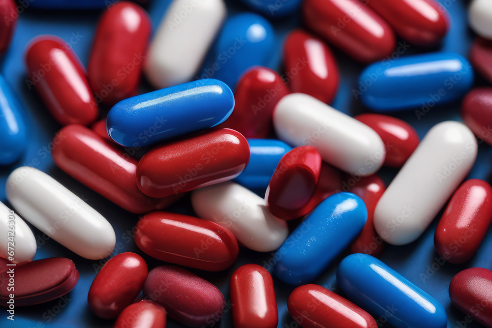 Red and blue pills and tabletes, close-up, health and pharmaceutical ...