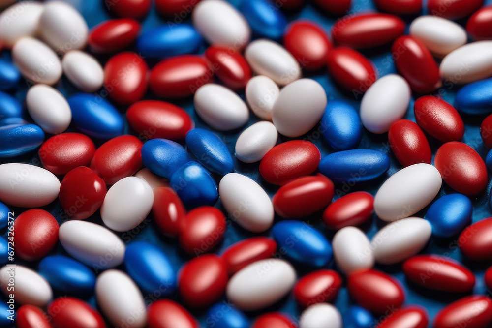 Red and blue pills and tabletes, close-up, health and pharmaceutical ...