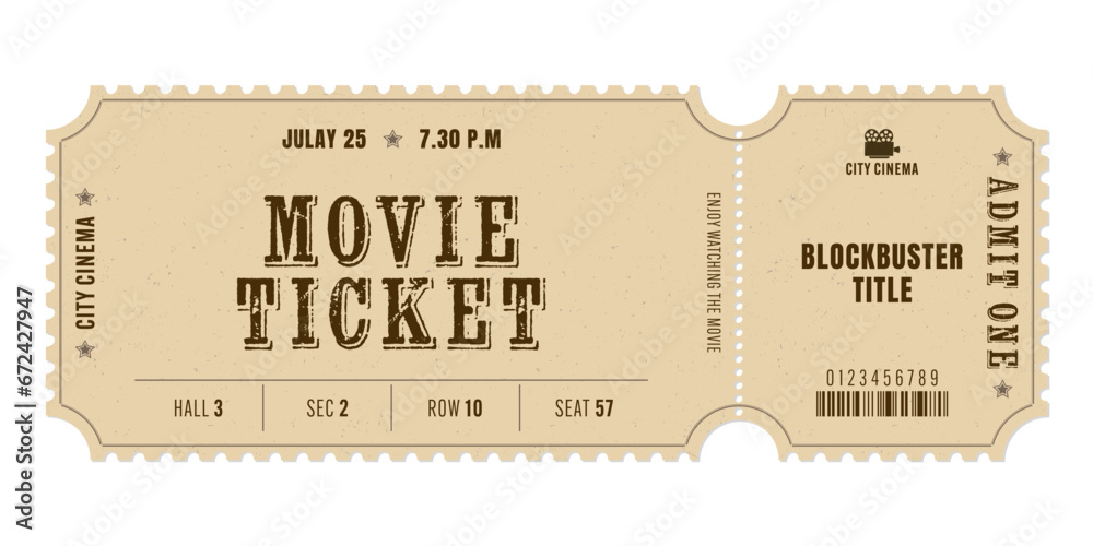 Vintage ticket template in a light background. For cinemas, parties ...