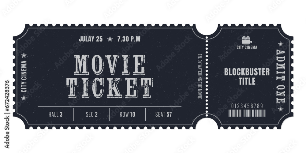 Vintage ticket template in a dark background. For cinemas, parties ...