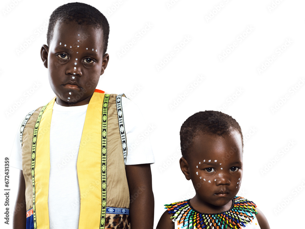 Black children, portrait and face paint for tribe, Africa or culture ...