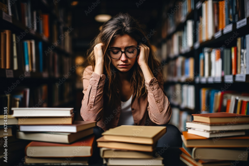 Sad woman amidst books in a quiet bookstore background with empty space ...