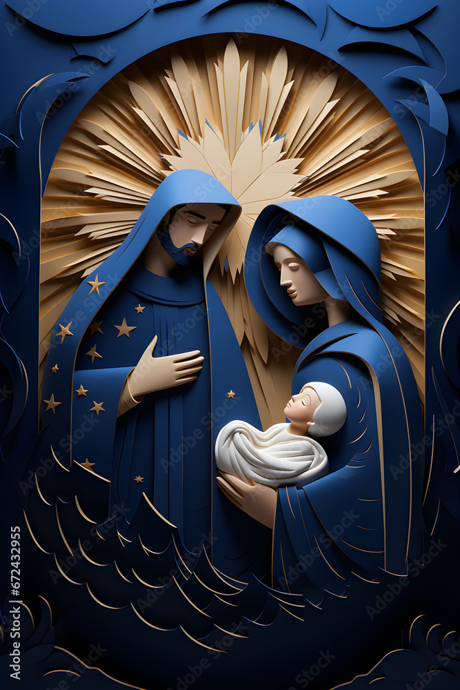 Saint Joseph, the Virgin Mary and the baby Jesus in the manger and a ...