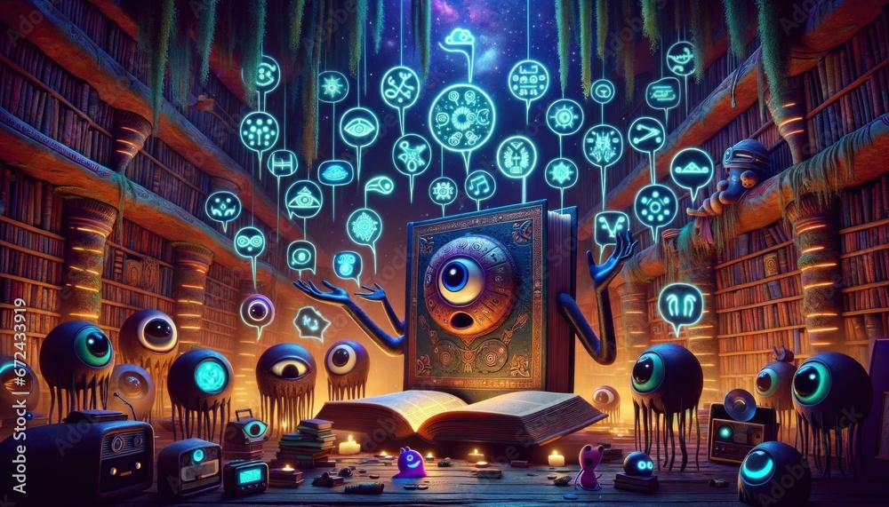 Sentient Books and Mixed Media Items in Bioluminescent Library with ...