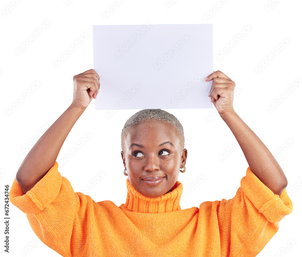 Black woman, banner and thinking with sign above head standing isolated ...