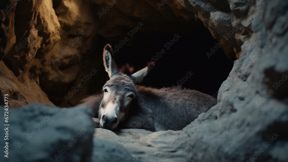 Beautiful very tired mule sleeps mountain cave Ai generated art Stock ...