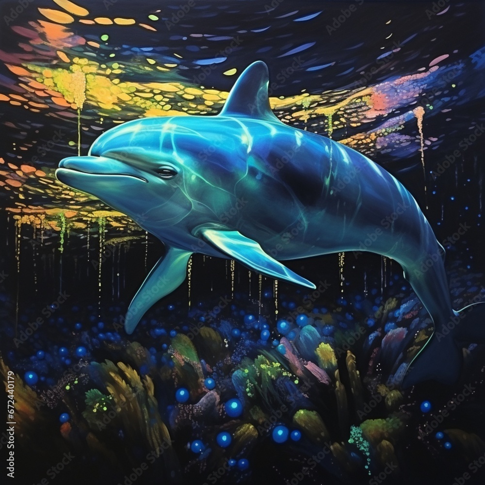 Bioluminescent dolphin barrier reef algae beach illustration picture AI ...