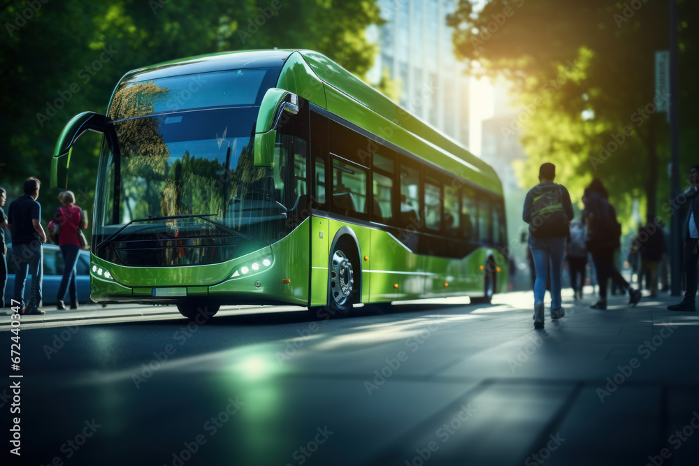 A group of passengers boarding a modern, low-emission city bus ...