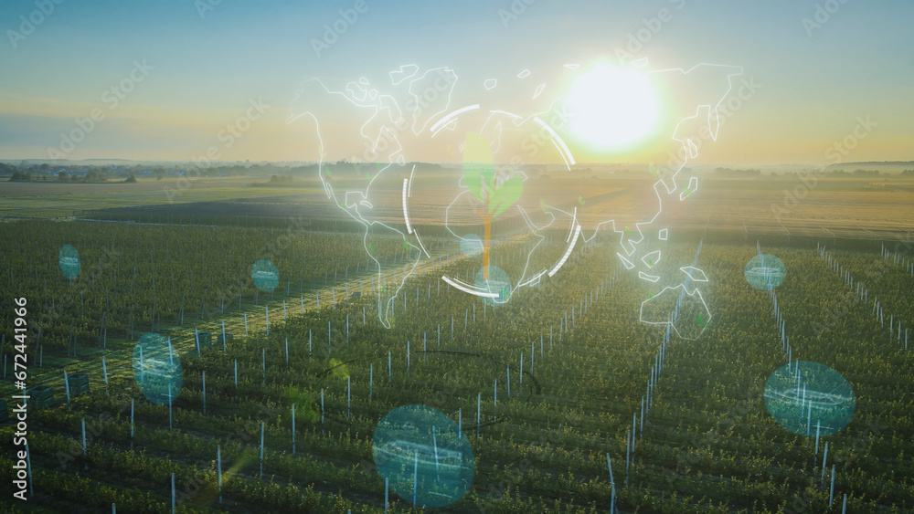 Aerial monitoring harvest growth progress with smart hologram. Data ...