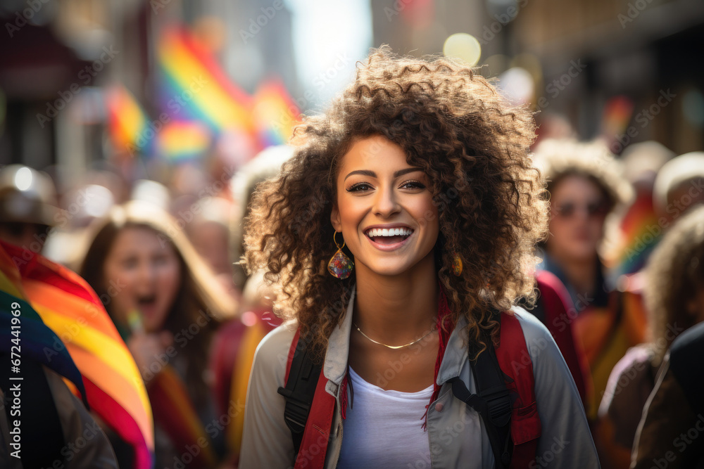 A diverse group of people holding rainbow flags and marching in a pride ...