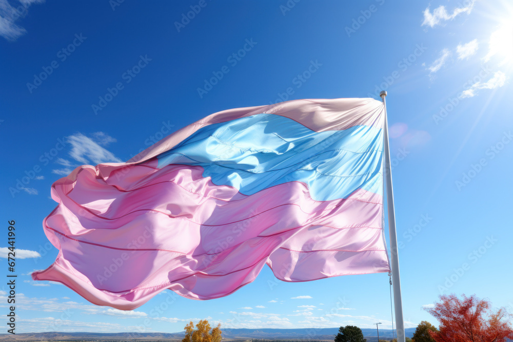 A transgender pride flag flying against a clear blue sky, signifying ...