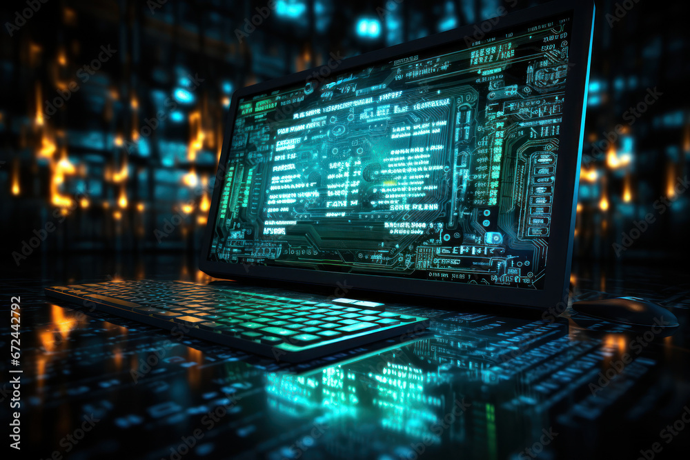 Encrypted code scrolling on a computer screen, illustrating the ...