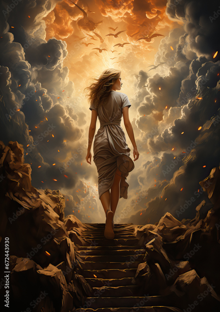 Stone staircase leading to glow in the sky woman at the end of the ...